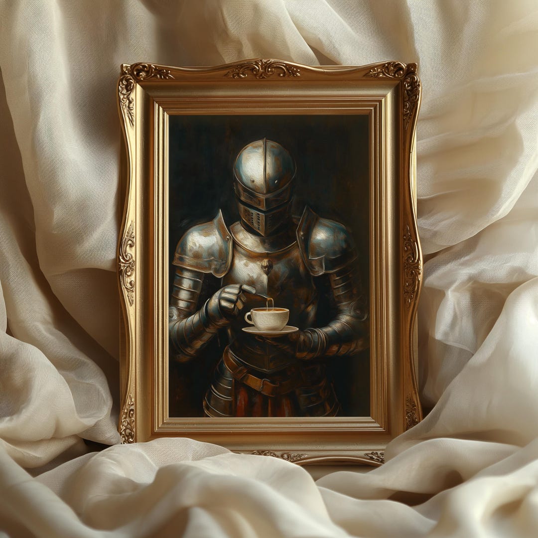 Knight Drinking Coffee Painting, Fantasy Art Print, Wall Decor ...
