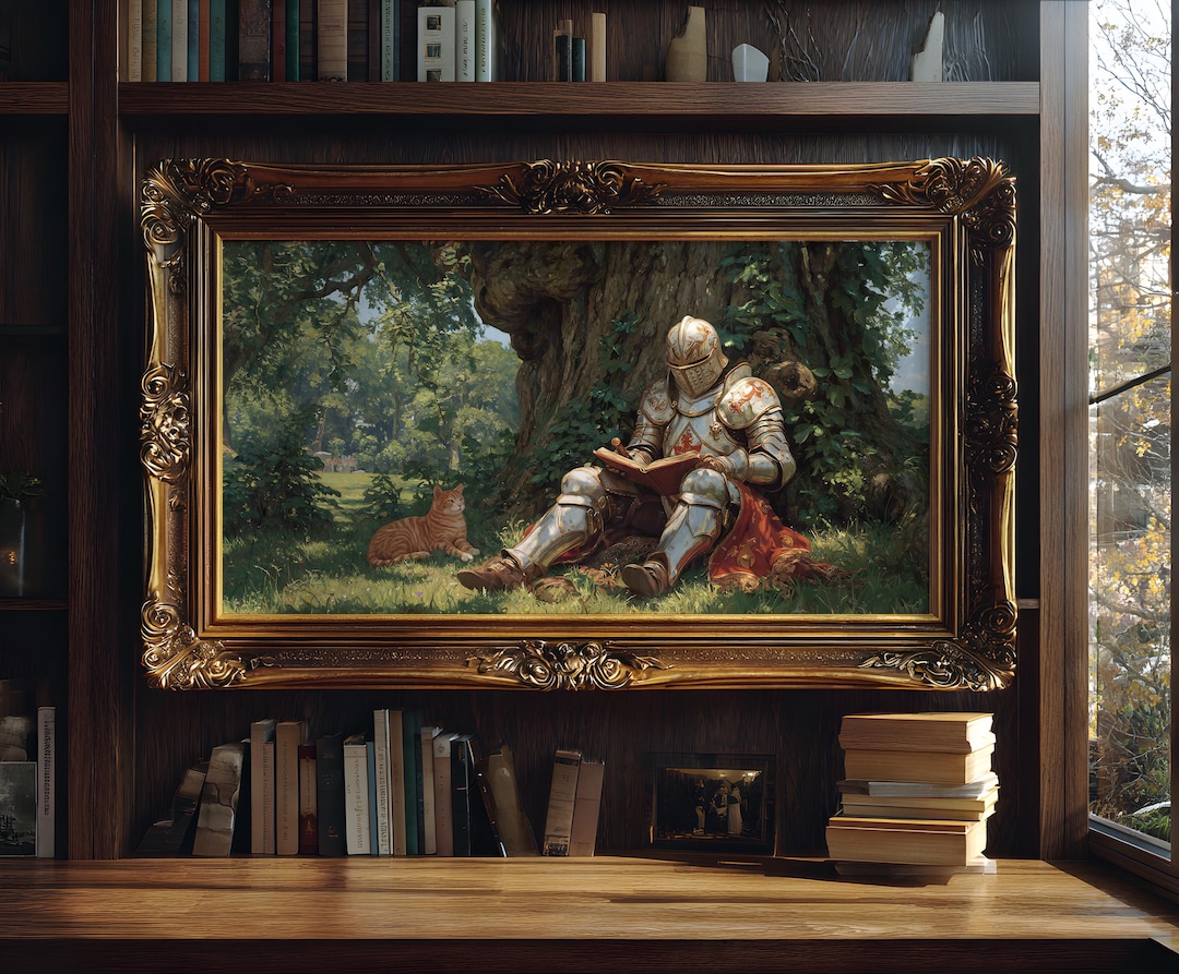 Medieval Knight Reading With a Cat Poster: Fantasy Book Art, Reading ...