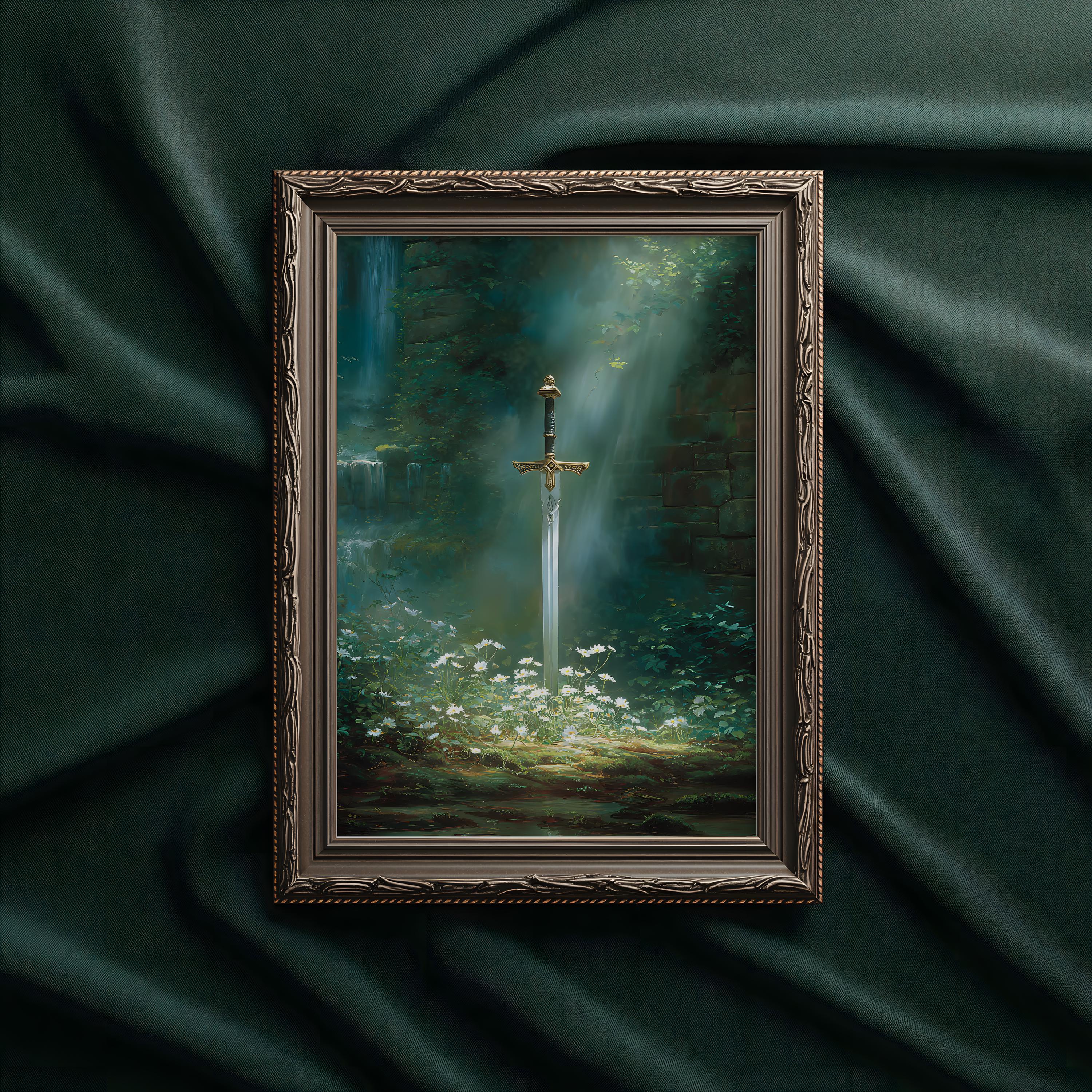 Excalibur Sword Painting, Medieval Decor, Enchanted Forest Print, King ...