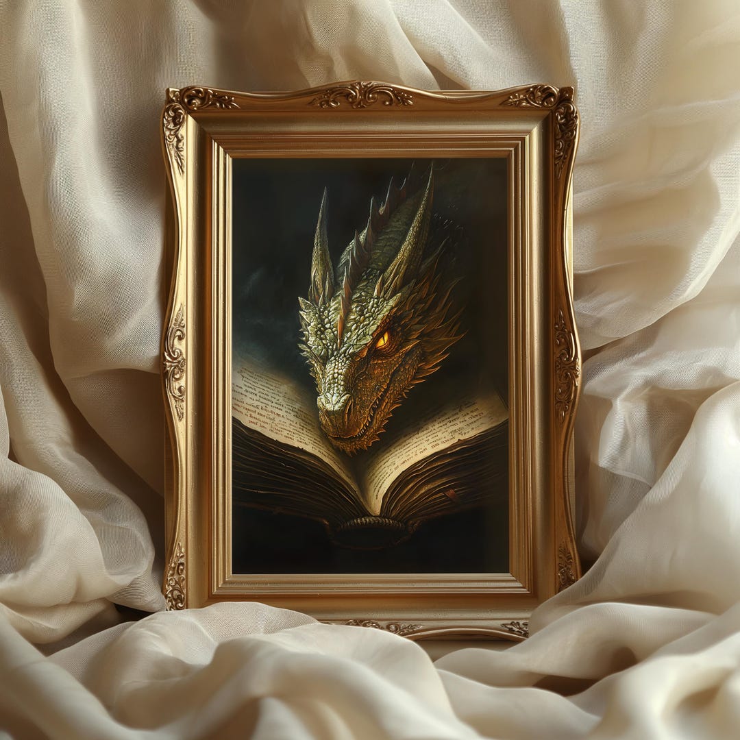 Fantasy Dragon Book Art Print, Mythical Book Lover Wall Decor, Fantasy ...
