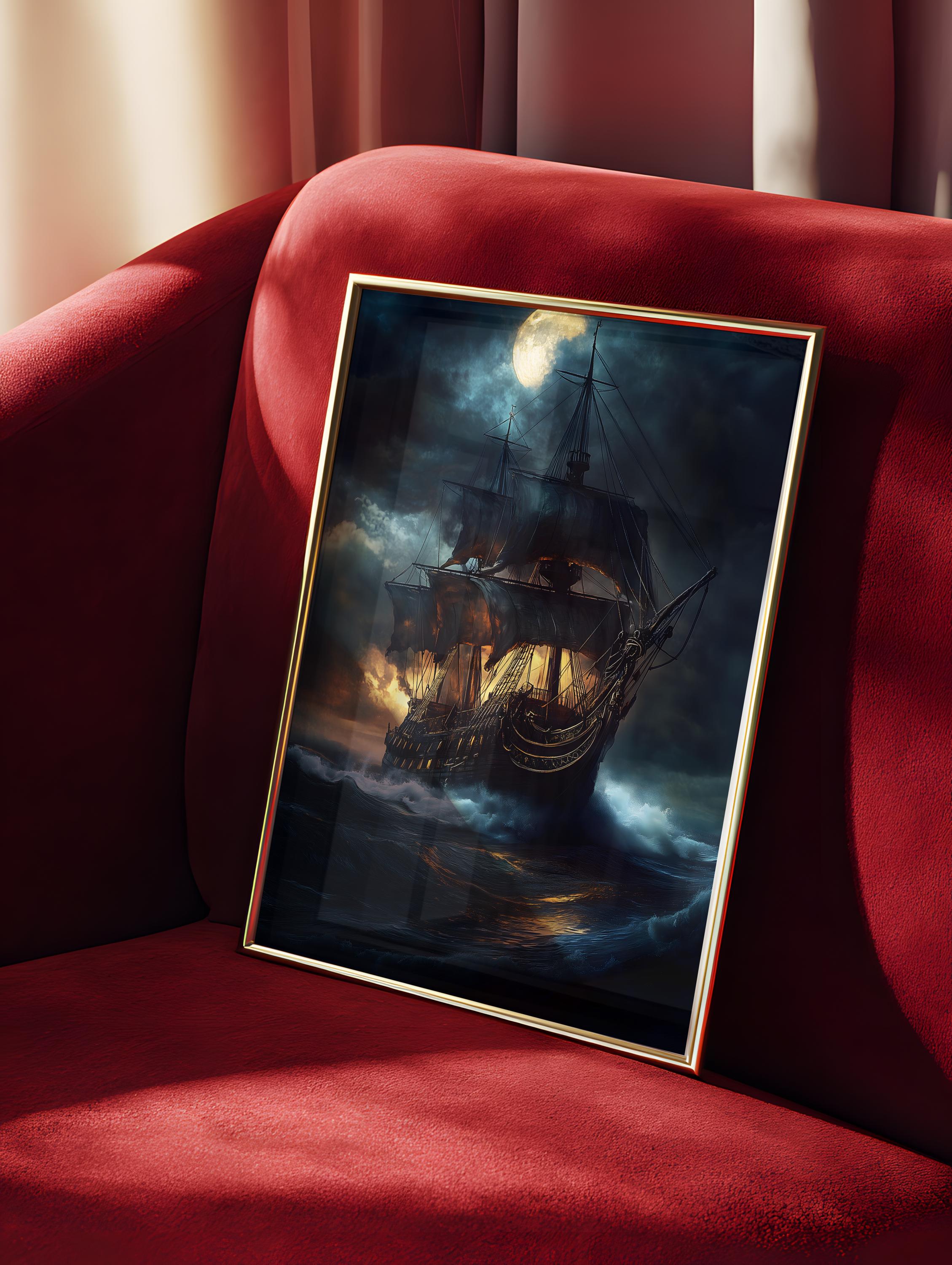 Pirate Ship Poster: Stormy Sea Illustration, Nautical Fantasy Wall Art ...