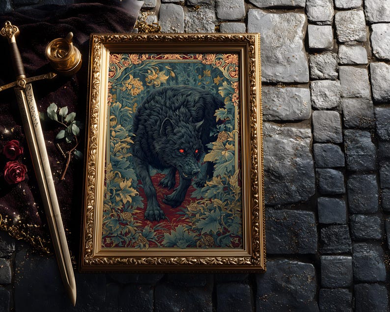 Black Wolf Art Print: Medieval Tapestry Style, Gothic Wall Decor - Etsy