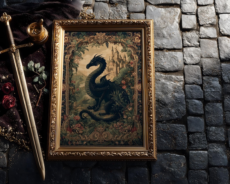 Dragon Medieval Tapestry Art Print, Gothic Fantasy Wall Decor ...