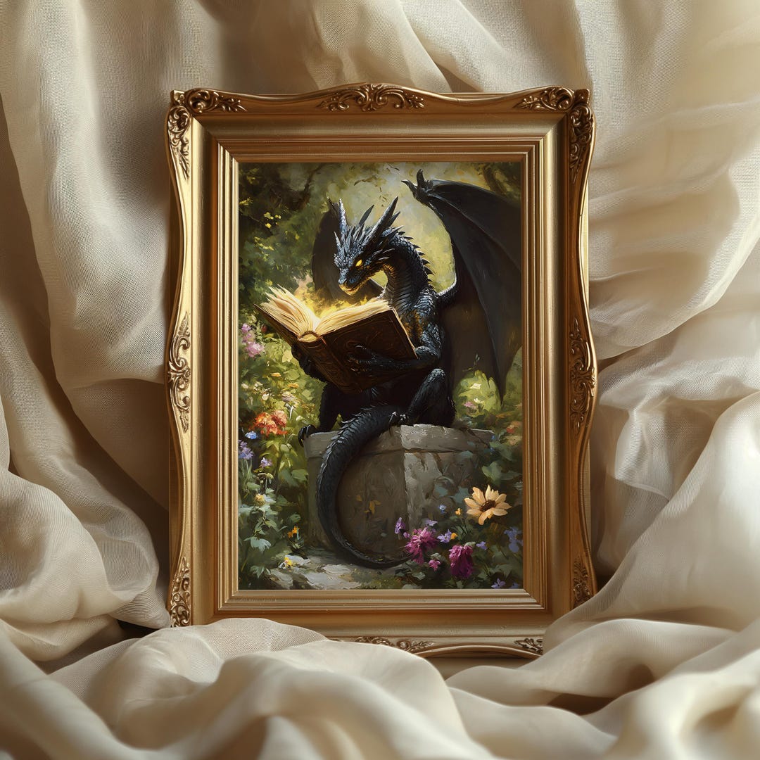 Fantasy Dragon Reading Book Painting, Gothic Dragon, Fantasy Wall Decor ...
