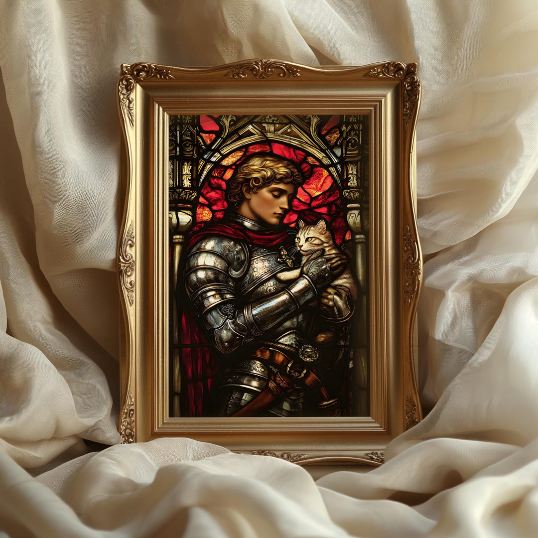 Knight and Cat Stained Glass Poster, Gothic Art Print, Fantasy Decor ...