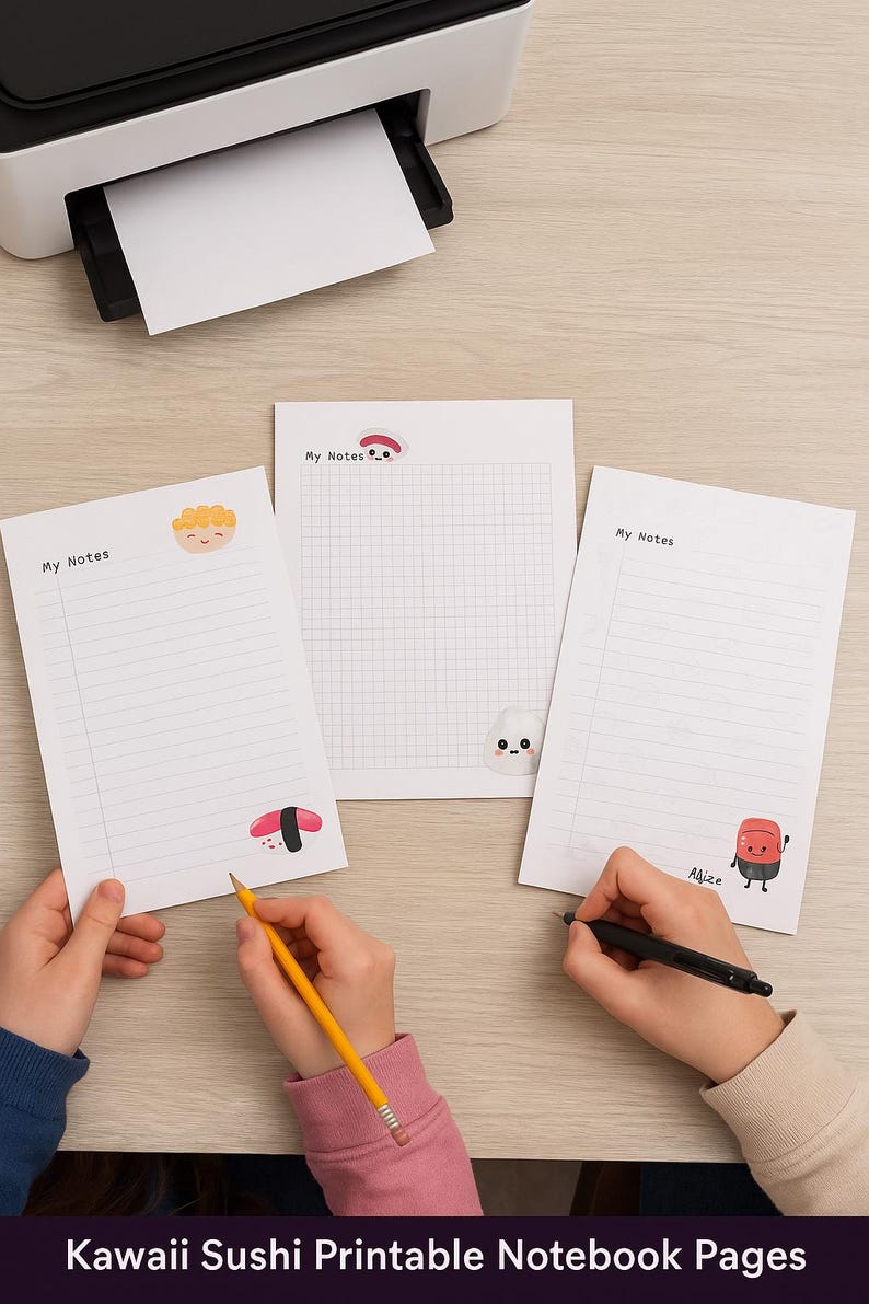Kawaii Sushi Printable Notepaper Set | 3 A4 Pages | Grid, Lined With ...