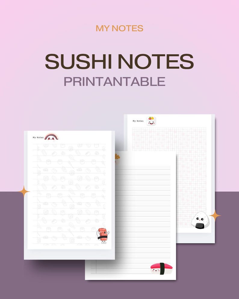 Kawaii Sushi Printable Notepaper Set | 3 A4 Pages | Grid, Lined With ...