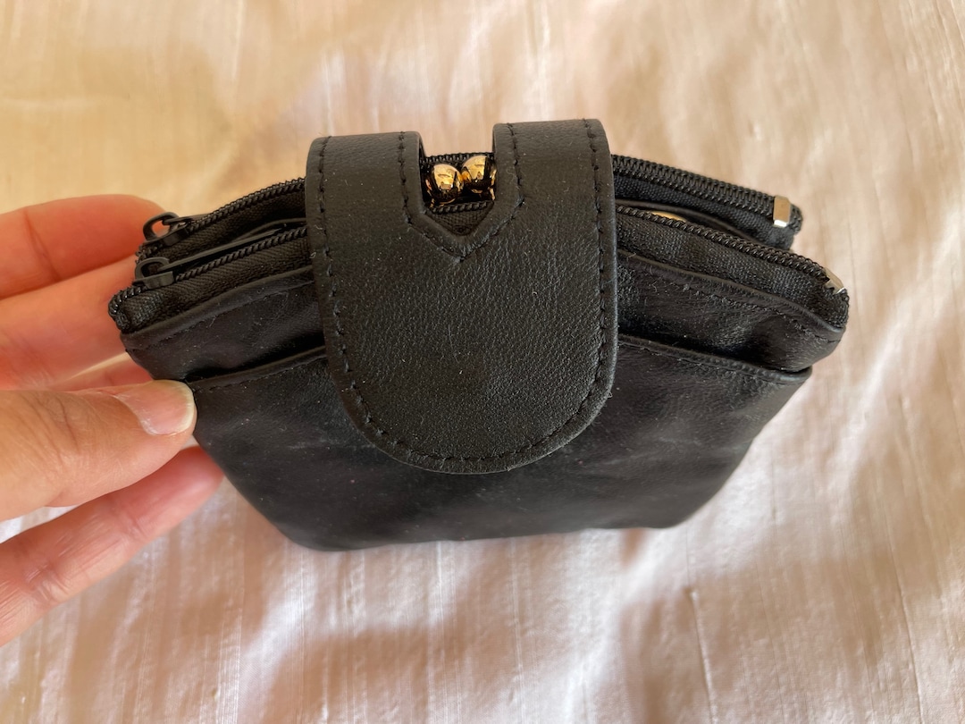 Leather Black Coin Purse 2 Zippered + 1 Snap Pockets Change Purse ...