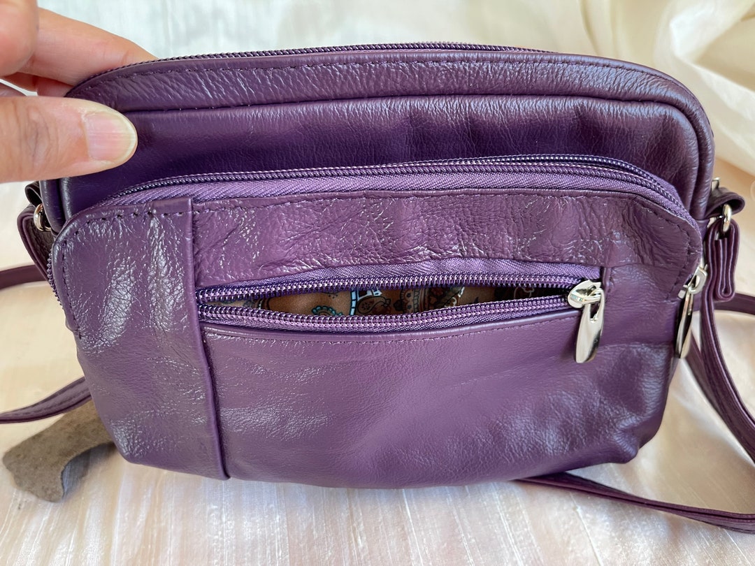 Leather Purple Crossbody Compact Purse Bag, 2 Compartments 1 for Cell ...