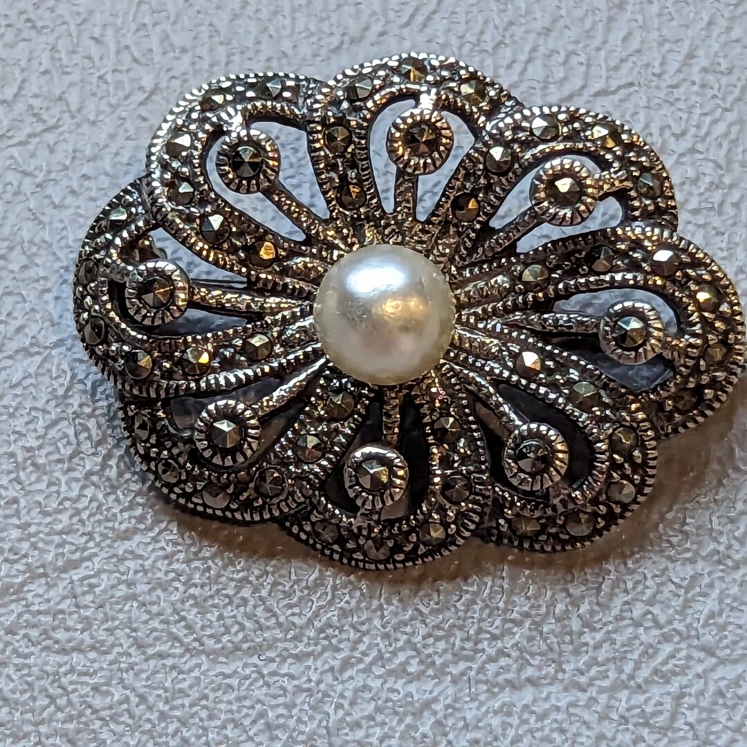 Art Deco Style Pearl Marcasite Sterling Silver Brooch Pin-vintage ...