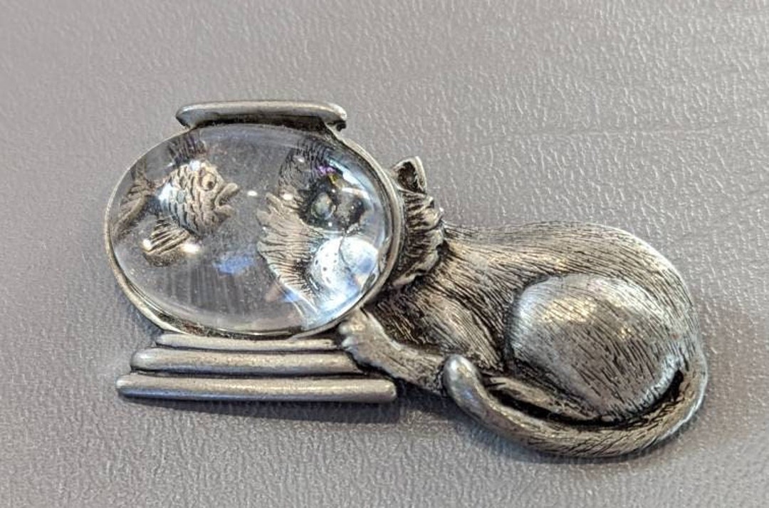 JJ Cat & Fishbowl Pewter Brooch Pin-vintage 1980s Signed Jonette Cat ...