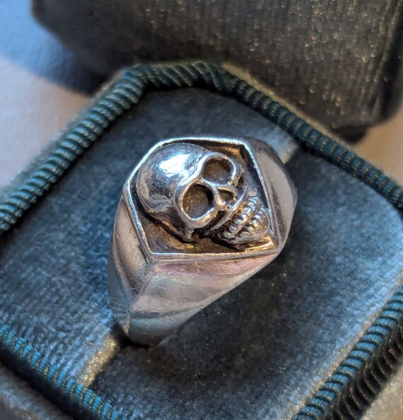 Vintage HAN Men's Sterling Silver Skull Biker Ring - … - Gem