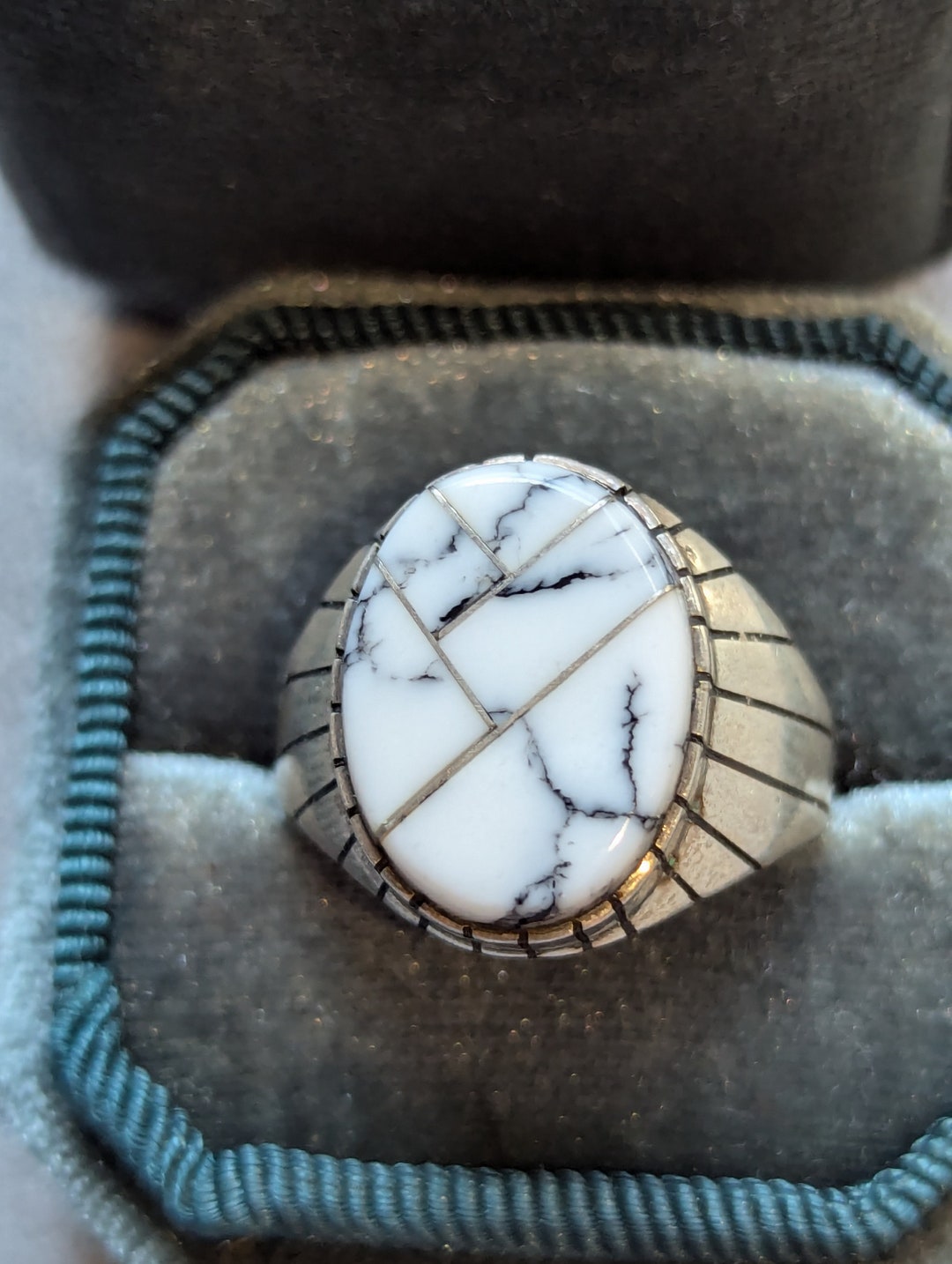 Ray Jack Navajo Men's Sterling Silver White Buffalo Turquoise Inlay ...