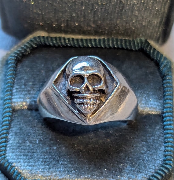Vintage HAN Men's Sterling Silver Skull Biker Ring - … - Gem
