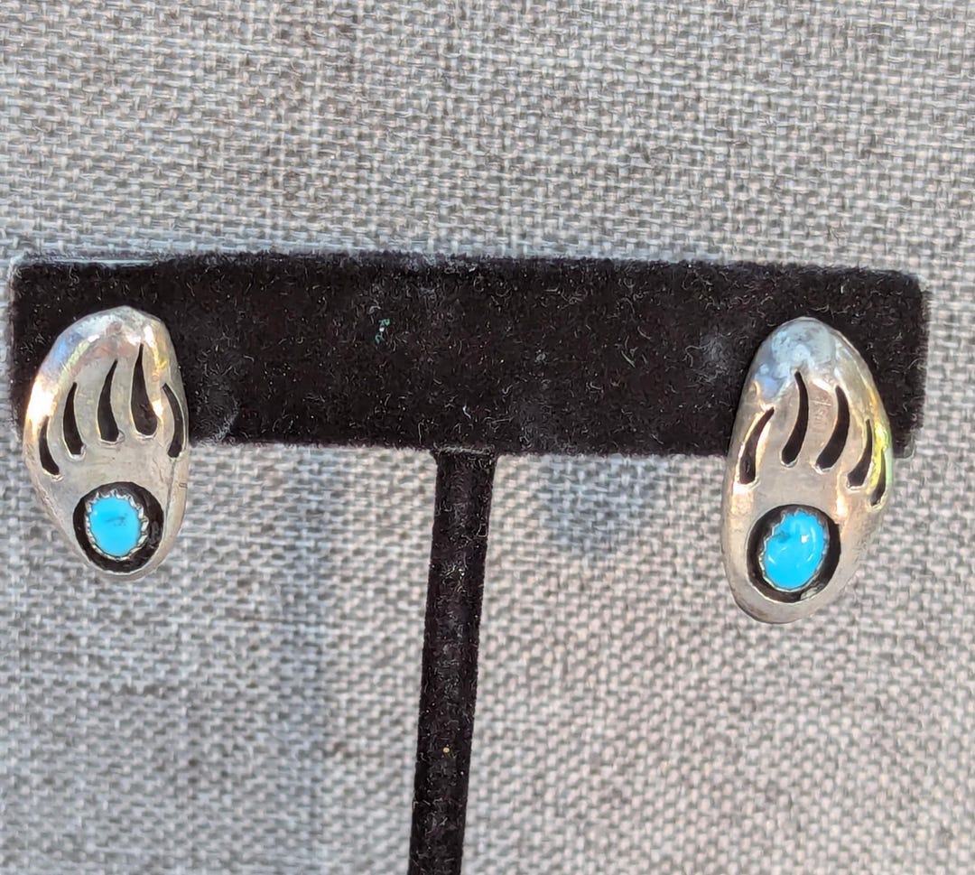 Vintage Navajo Sterling Silver Turquoise Bear Claw Earrings - Post Back Style - Gifts for Women ...