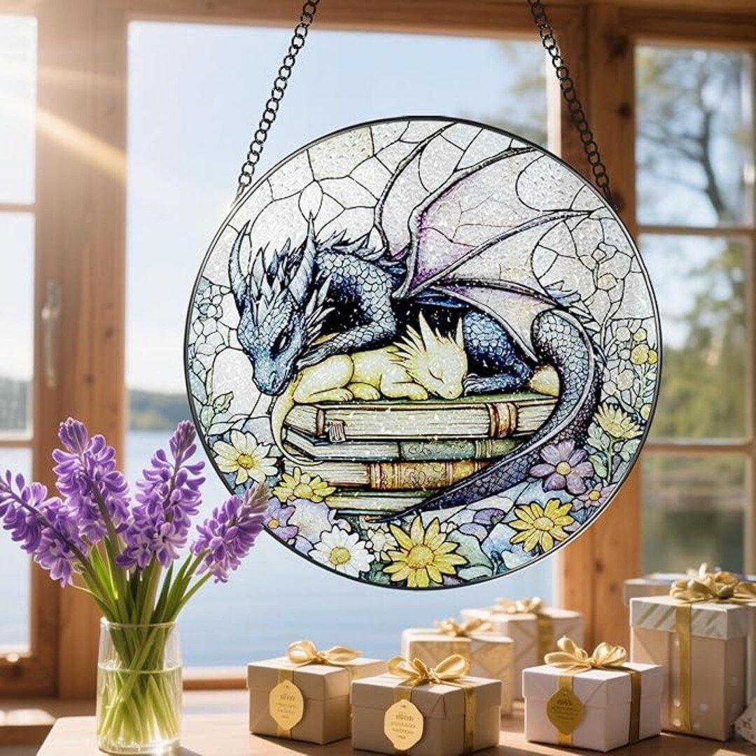 Stained Glass Book Dragon Suncatcher, Fantasy Dragon Window Hanging ...
