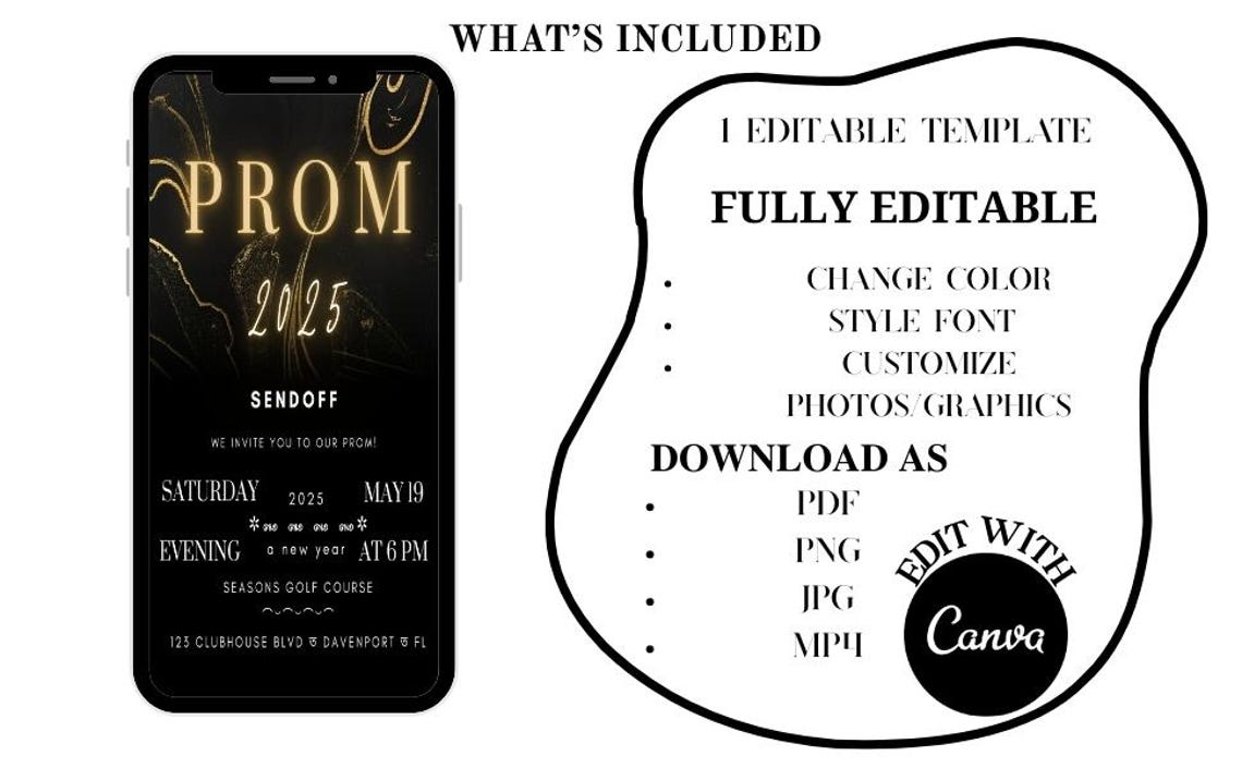 Black Gold Prom Send off Editable Digital Prom Invitation Template ...