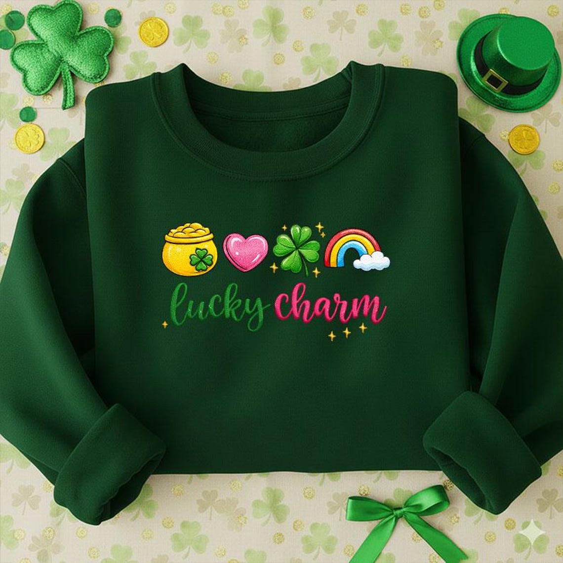 St. Patricks Day Lucky Charm Machine Embroidery File, Rainbow Shamrock ...