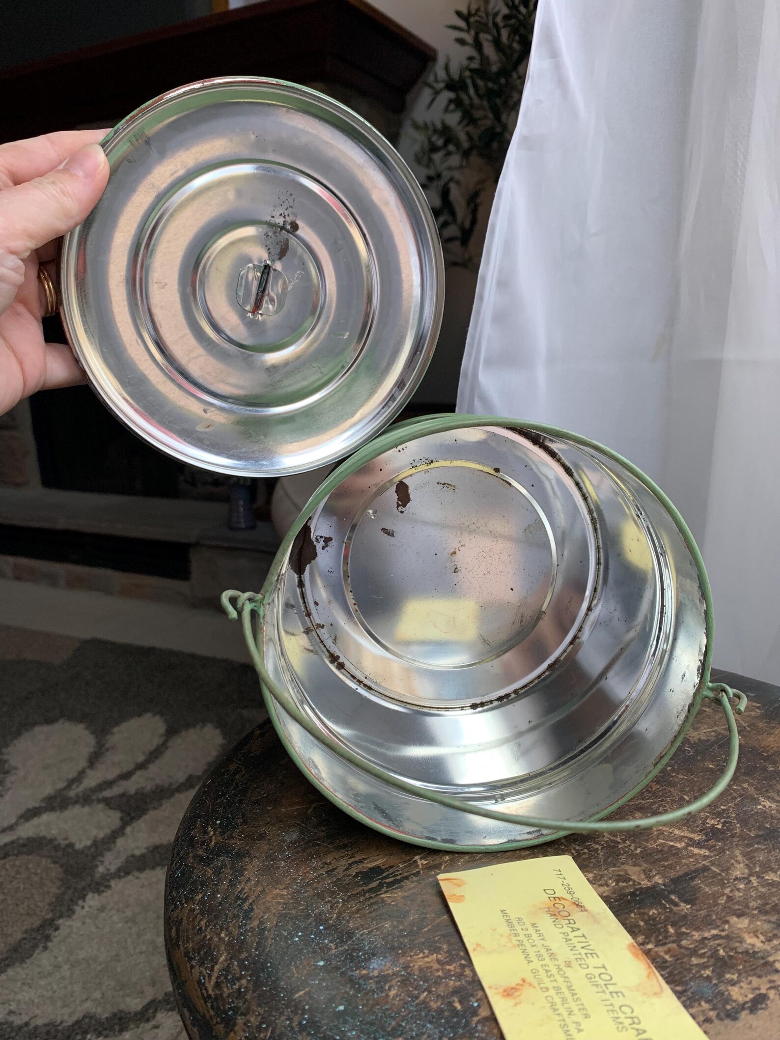 Vintage Handpainted Sage Green Berry Tin Bucket W/lid Handle Signed ...