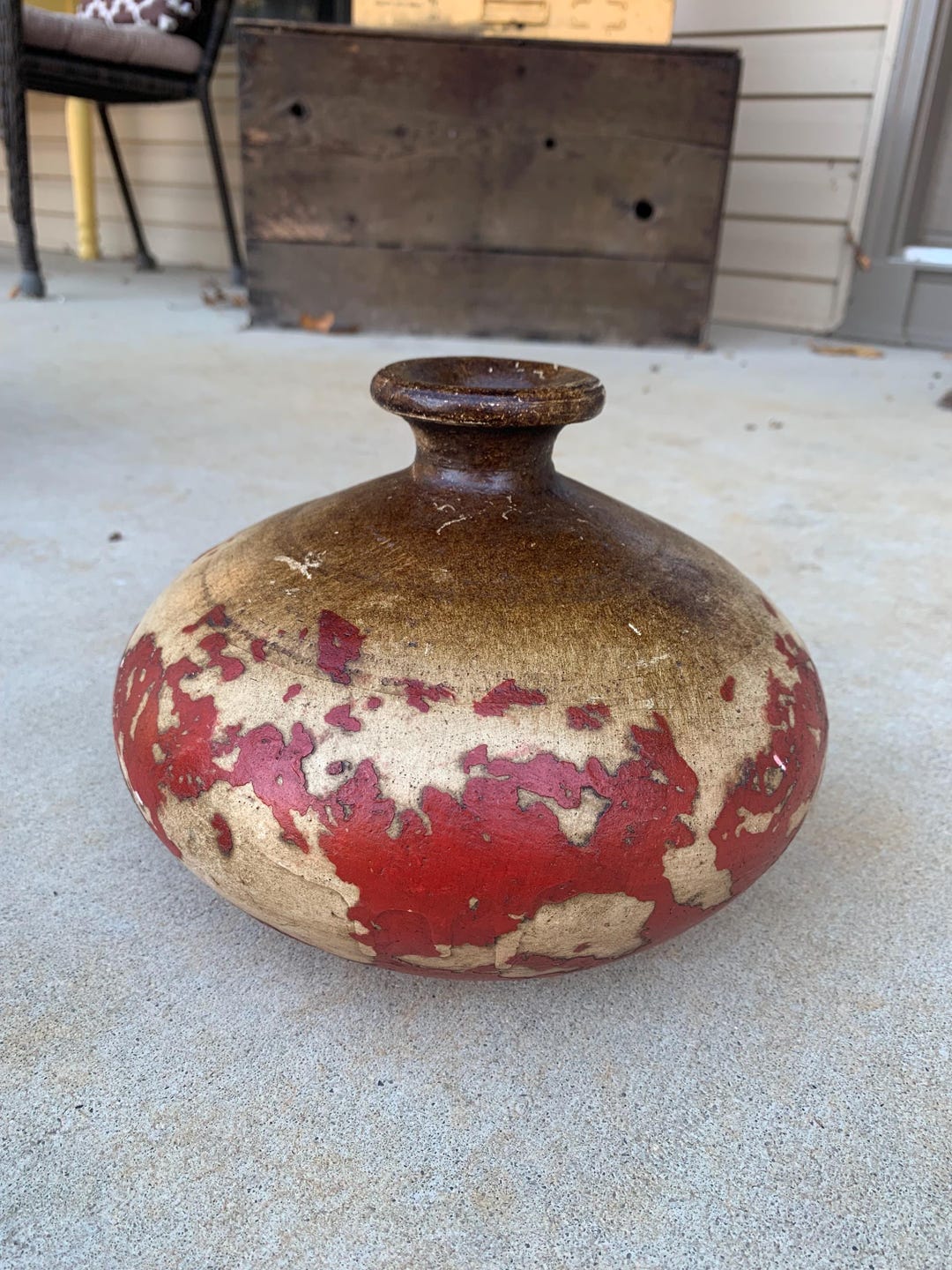 Red & Tan Chippy Ceramic Pottery Vase Christmas Farmhouse Centerpiece ...
