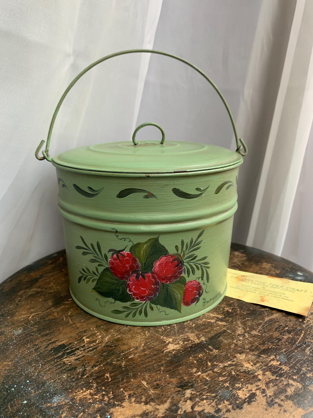 Vintage Handpainted Sage Green Berry Tin Bucket W/lid Handle Signed ...