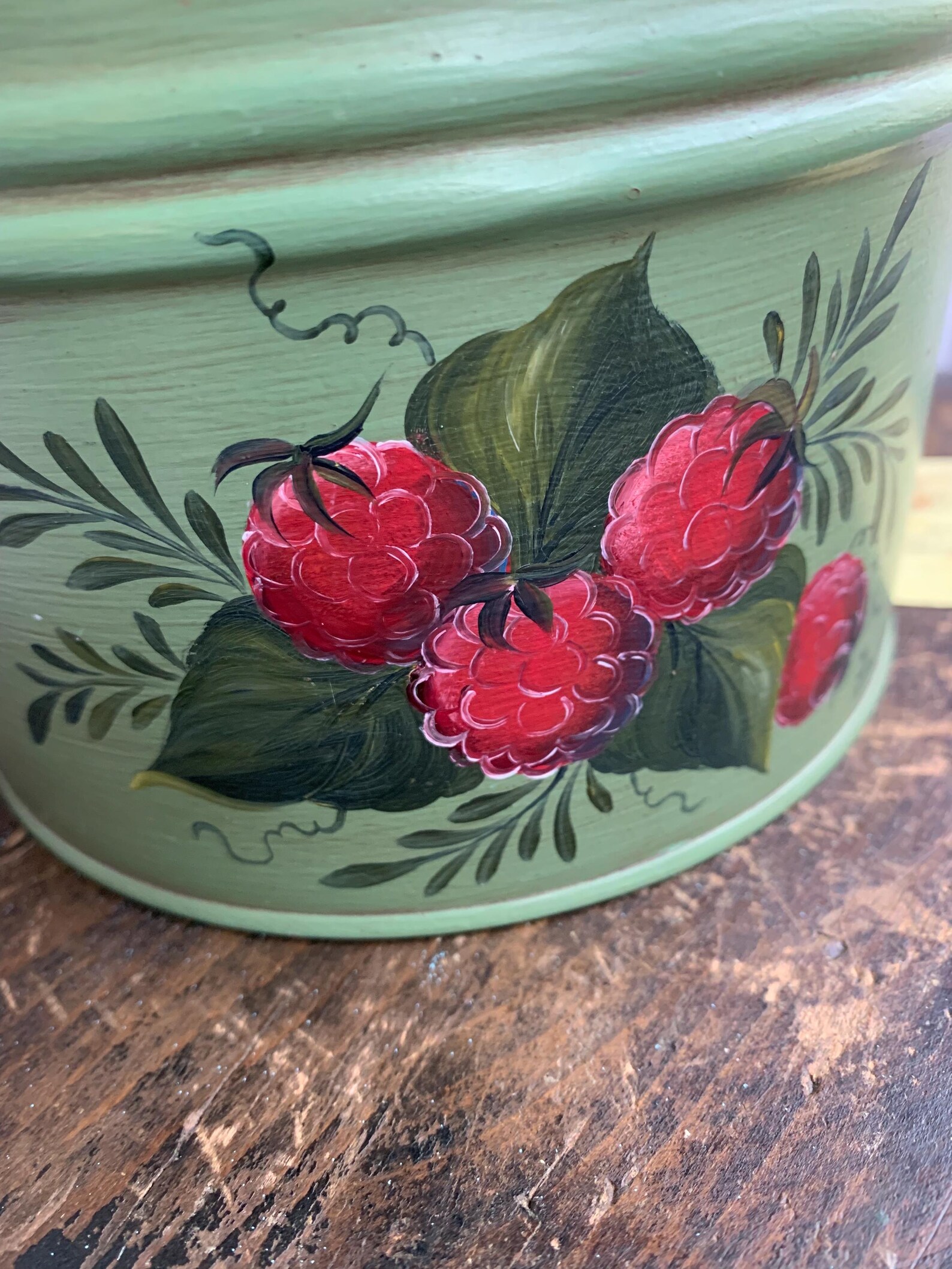 Vintage Handpainted Sage Green Berry Tin Bucket W/lid Handle Signed ...