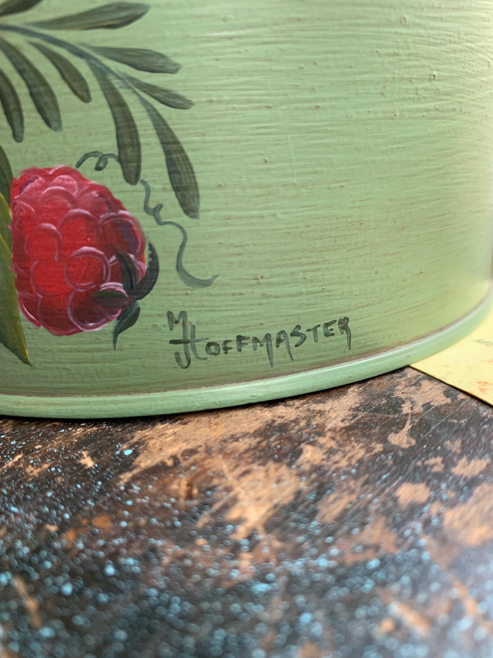 Vintage Handpainted Sage Green Berry Tin Bucket W/lid Handle Signed ...