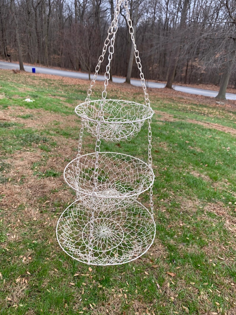 White Collapsible Metal Wire Hanging Triple Basket Vegetable Fruit ...