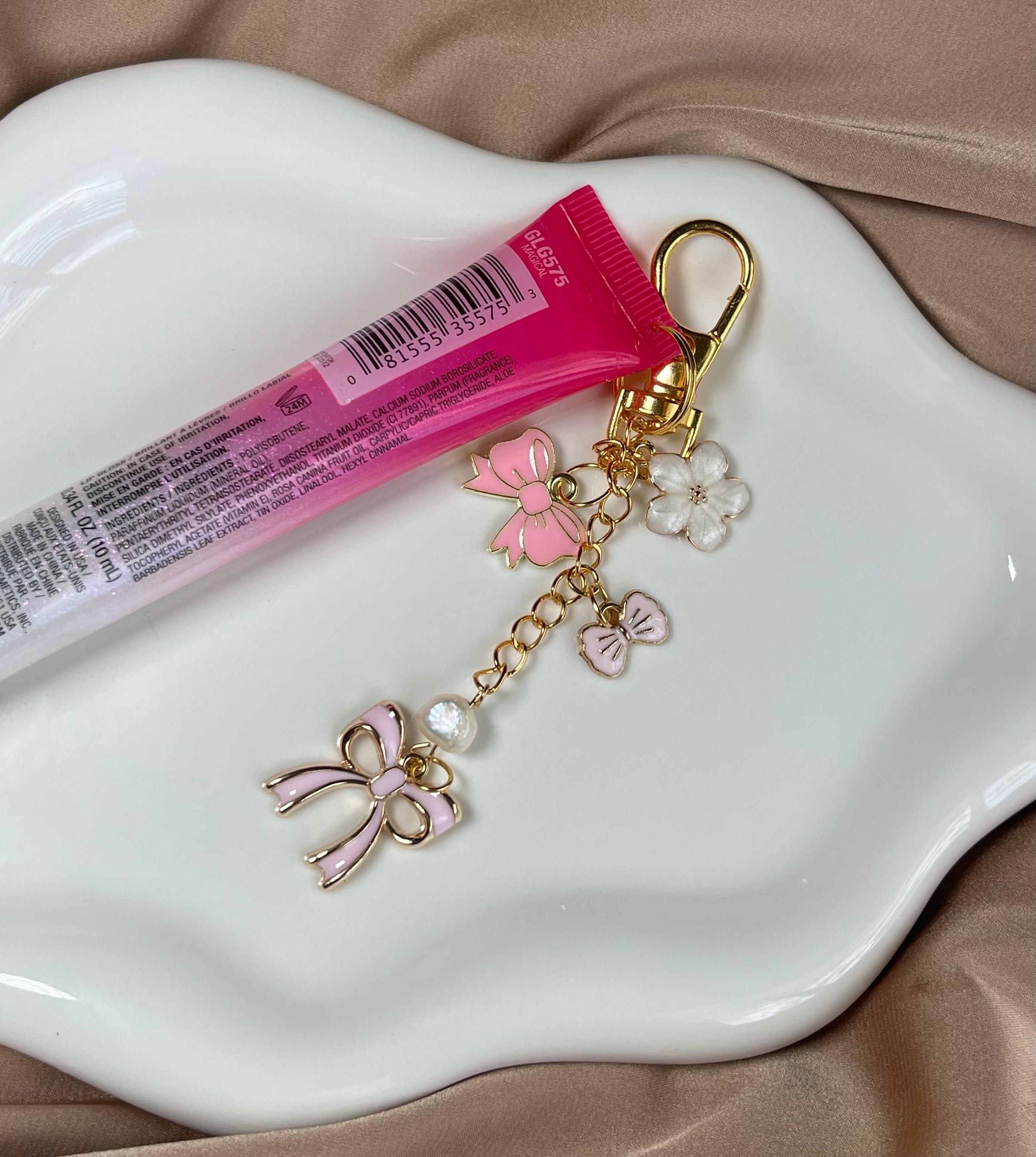 Coquette Lip Gloss Keychain: Handmade Pink Bow Charm - Etsy