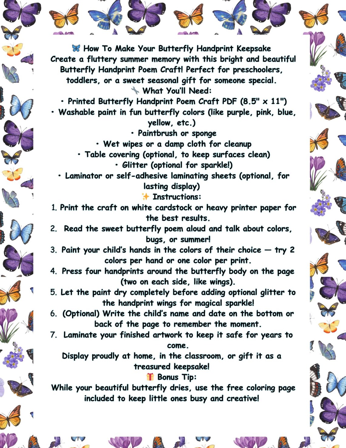 Butterfly Handprint Poem Craft – Printable Keepsake, Butterfly Crafts ...