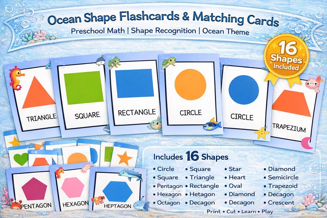 Ocean Shape Flashcards & Matching Cards | Preschool Shapes Learning Set ...