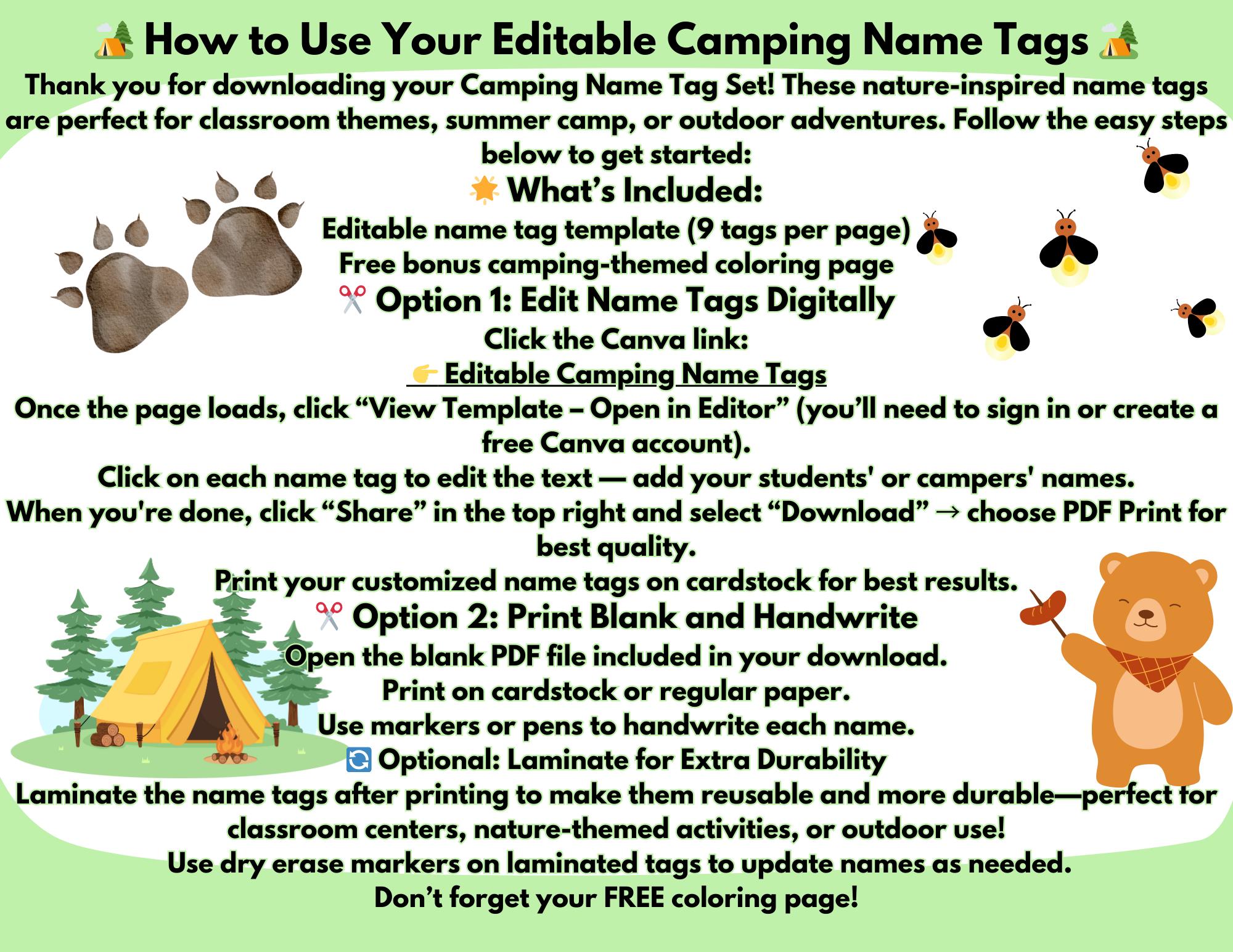 Editable Camping Name Tags: Outdoor Adventure Labels (printable Canva ...