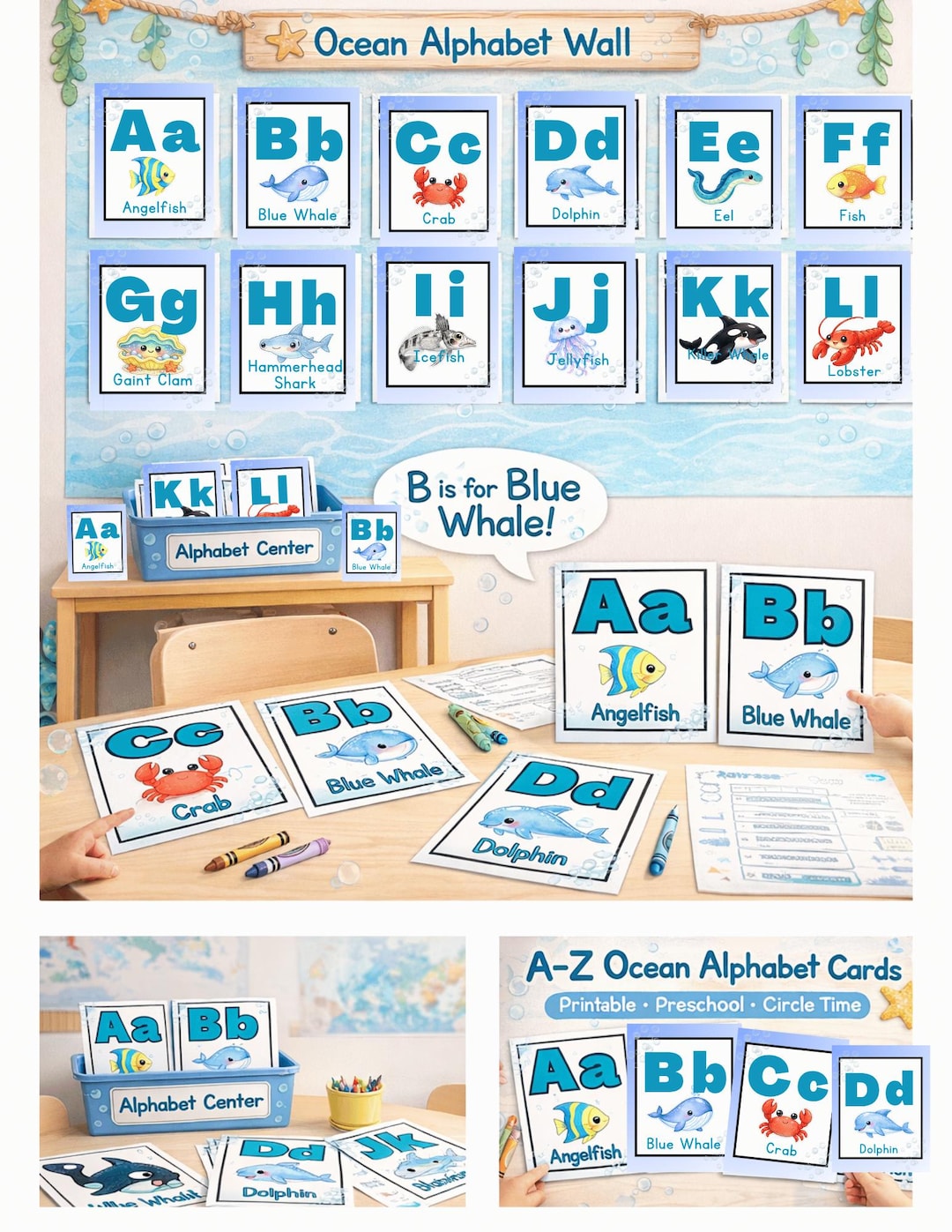Ocean ABC Flashcards Printable | Alphabet Learning Cards for Preschool ...