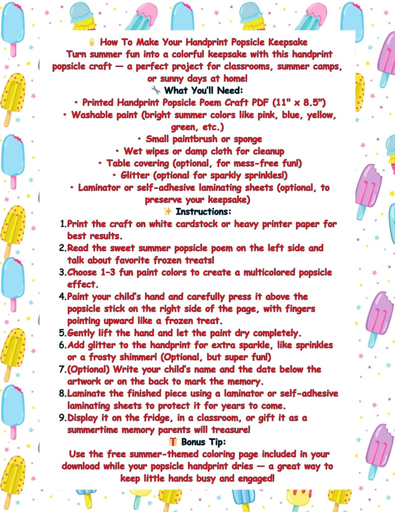 Popsicle Handprint Poem Art, Summer Craft (printable PDF) - Etsy Canada
