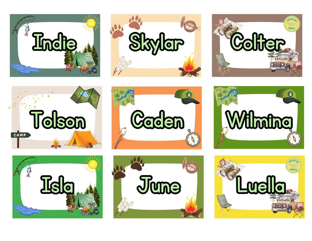 Editable Camping Name Tags: Outdoor Adventure Labels (printable Canva ...
