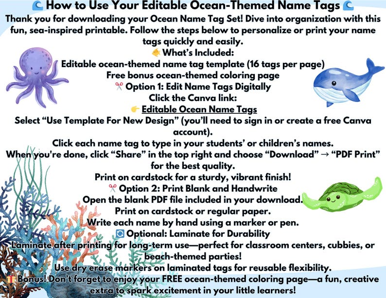 Ocean Theme Name Tags, Printable Classroom Labels (editable Canva Link ...