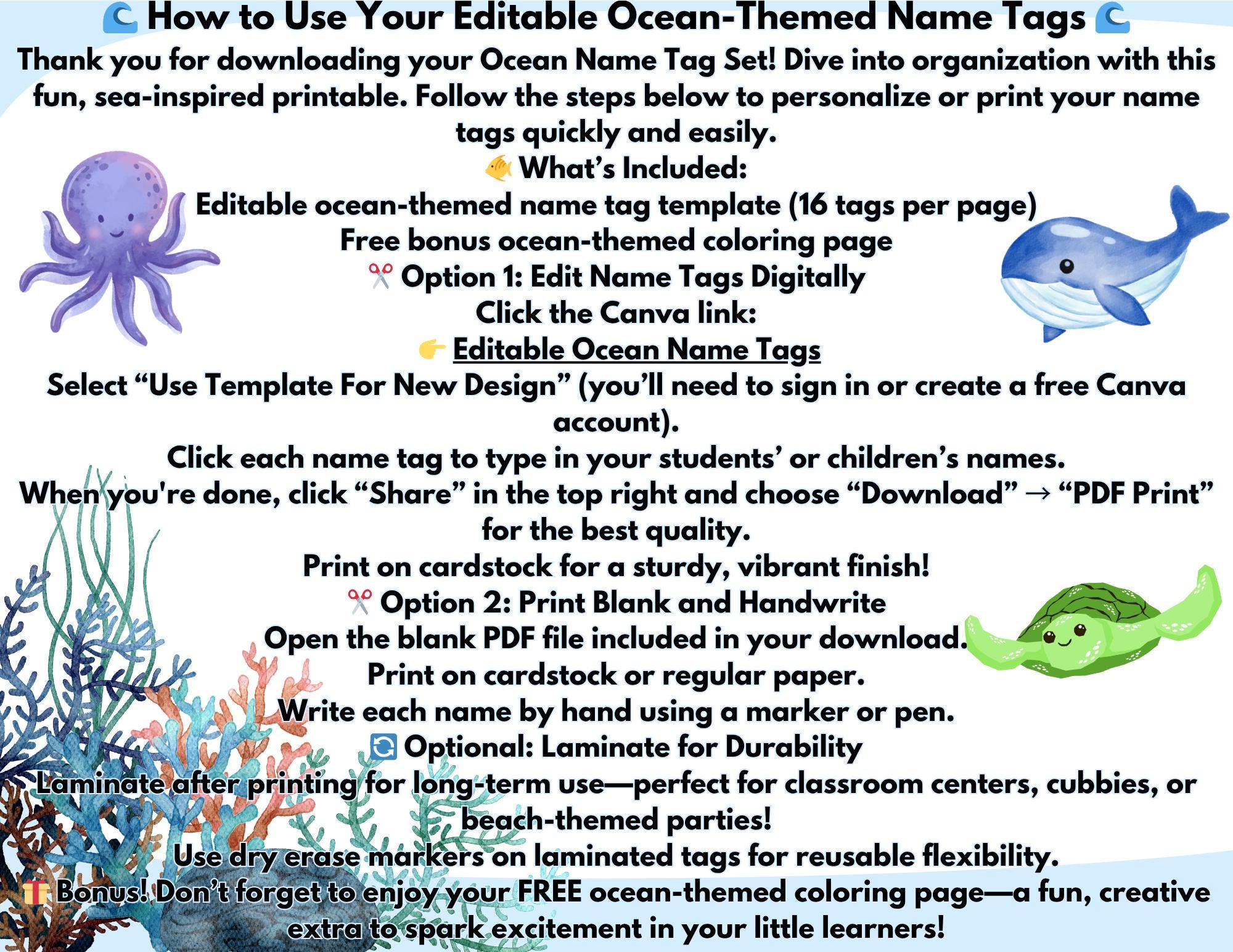 Ocean Theme Name Tags, Printable Classroom Labels (editable Canva Link ...