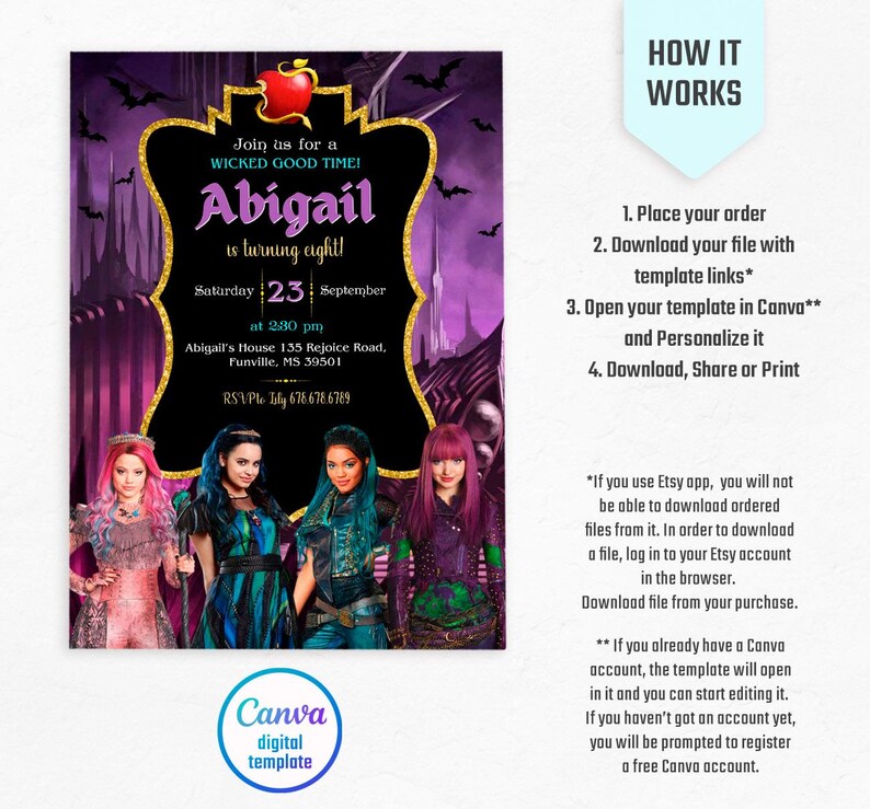 Descendants Invitation, Printable Editable Descendants Birthday Invite ...