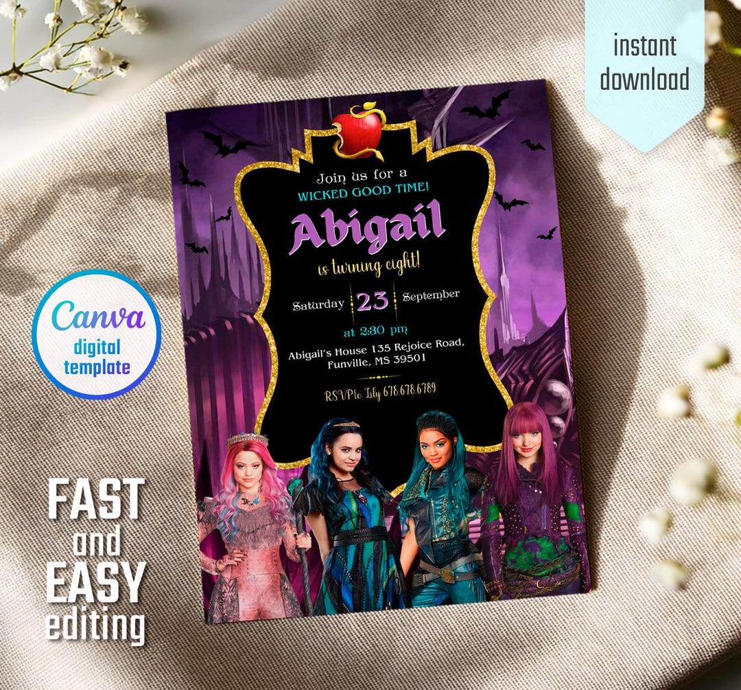 Descendants Invitation, Printable Editable Descendants Birthday Invite ...