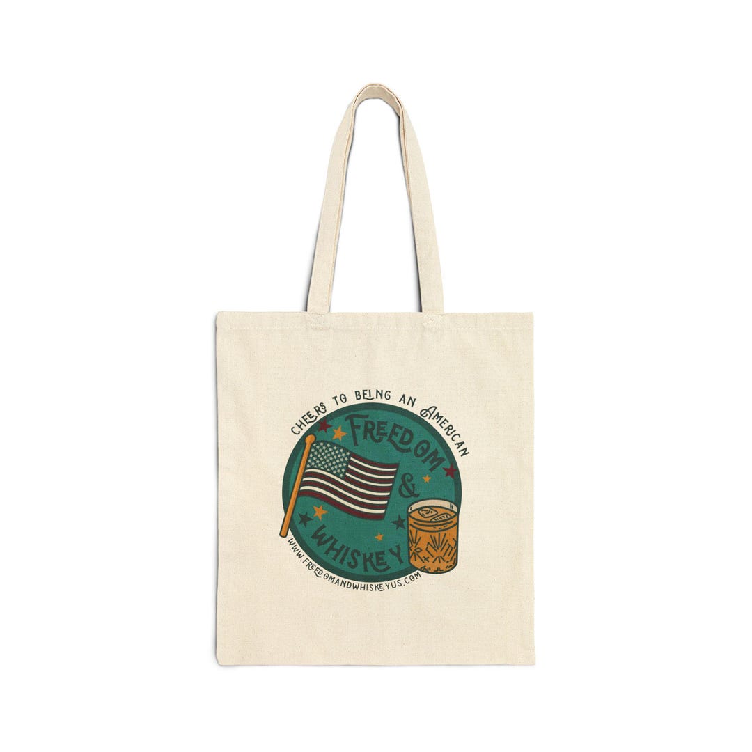 Cheers Freedom & Whiskey Tote Bag, American Flag Whiskey Glass Beach ...