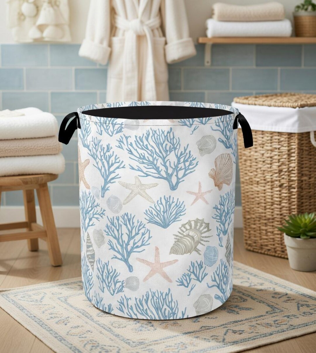 Coastal Coral Laundry Basket, Starfish Ocean Storage Bin, Nautical ...