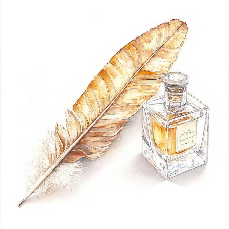 12 Watercolor Ink Bottle Clipart With Feather, Elegant Stationery ...