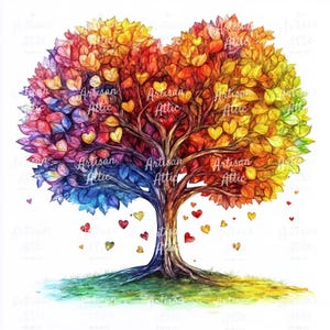 10 Colorful Love Tree Watercolor Clipart With Rainbow Leaves and Hearts ...