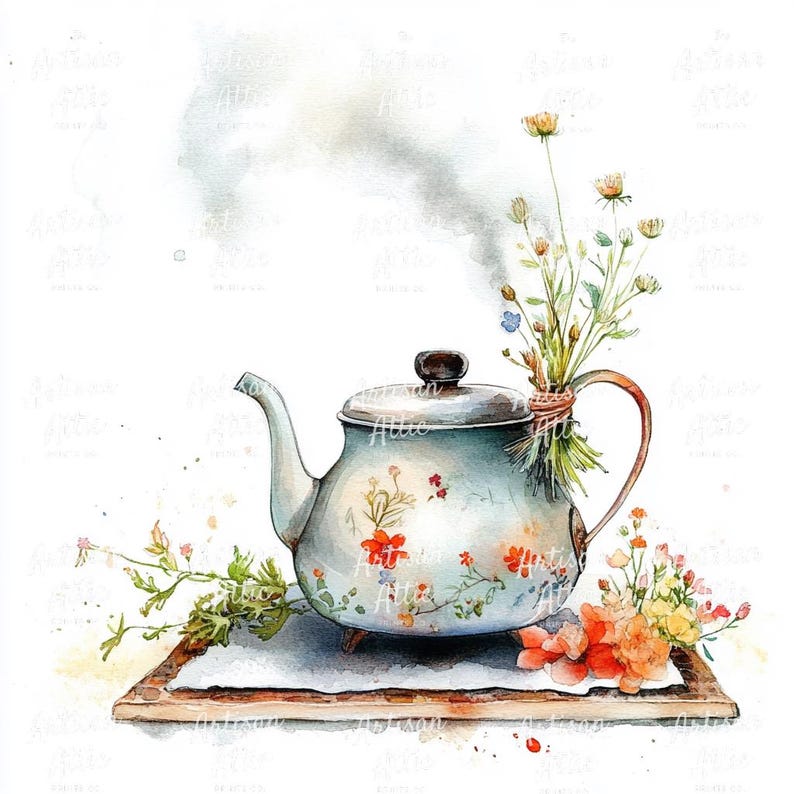 15 Watercolor Floral Teapot Clip Art for Digital Crafting, Scrapbook ...