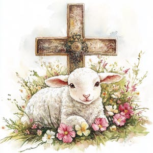 11 Watercolor Lamb With Cross Clipart, Easter Spring Flowers, Digital ...