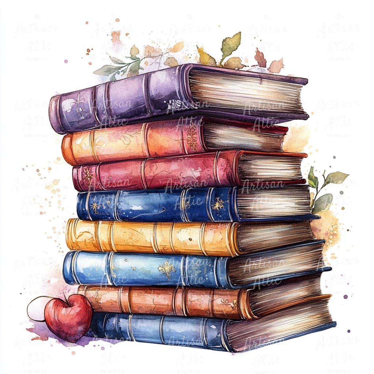12 Watercolor Magic Books Clipart, Stack of Antique Books, Enchanted ...