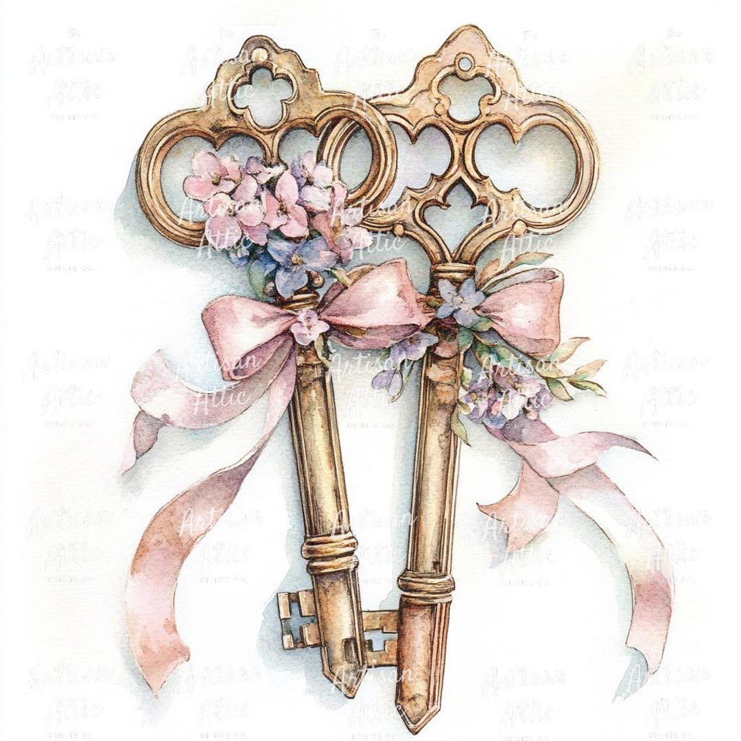 12 Vintage Floral Skeleton Key Clipart – Ornate Watercolor Keys With ...