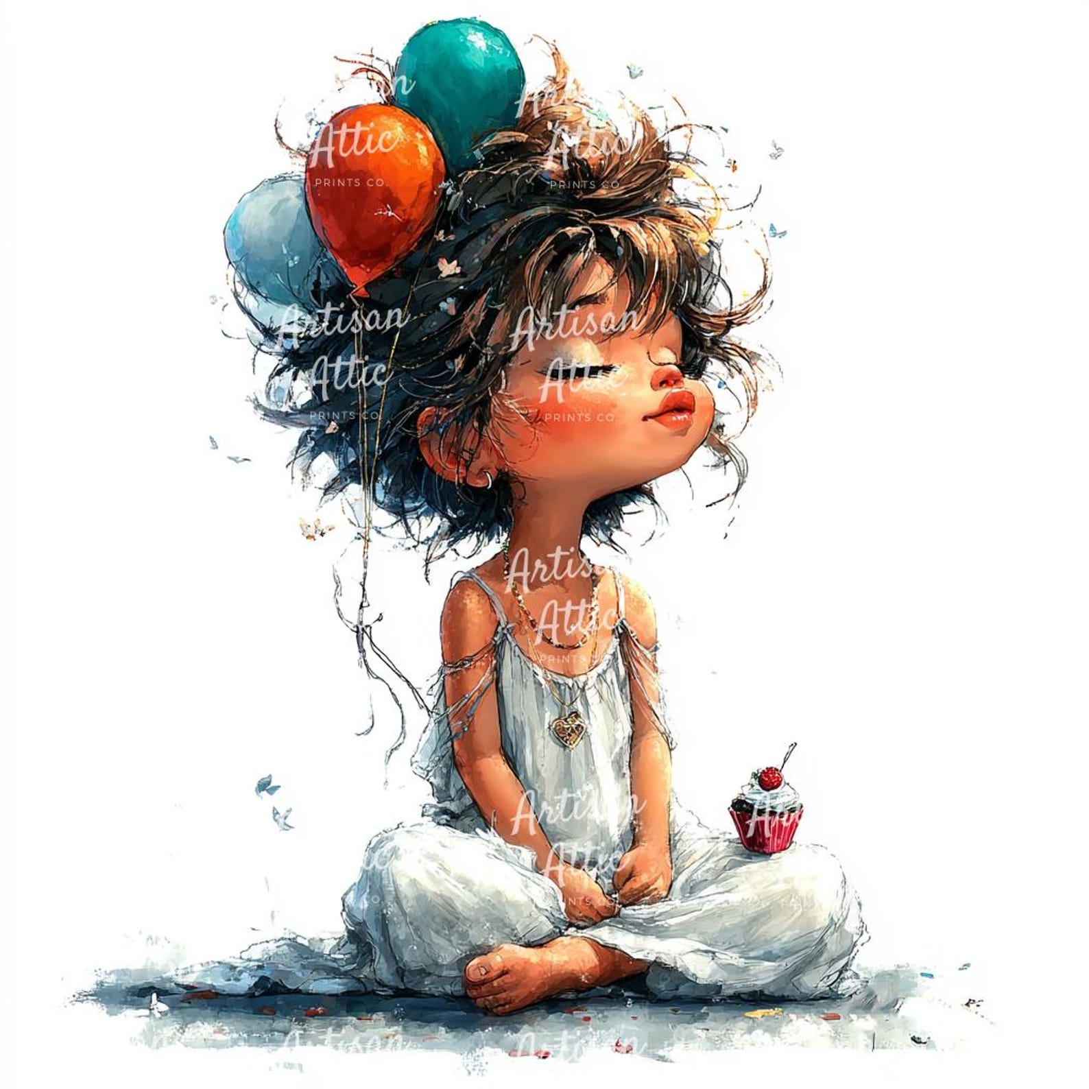 10 Whimsical Watercolor Girl With Cupcake and Balloons Seated Cross ...