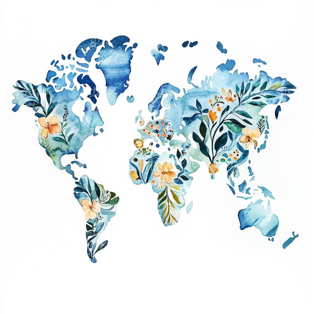 12 Watercolor World Map Clipart | Floral World Map Digital Download ...