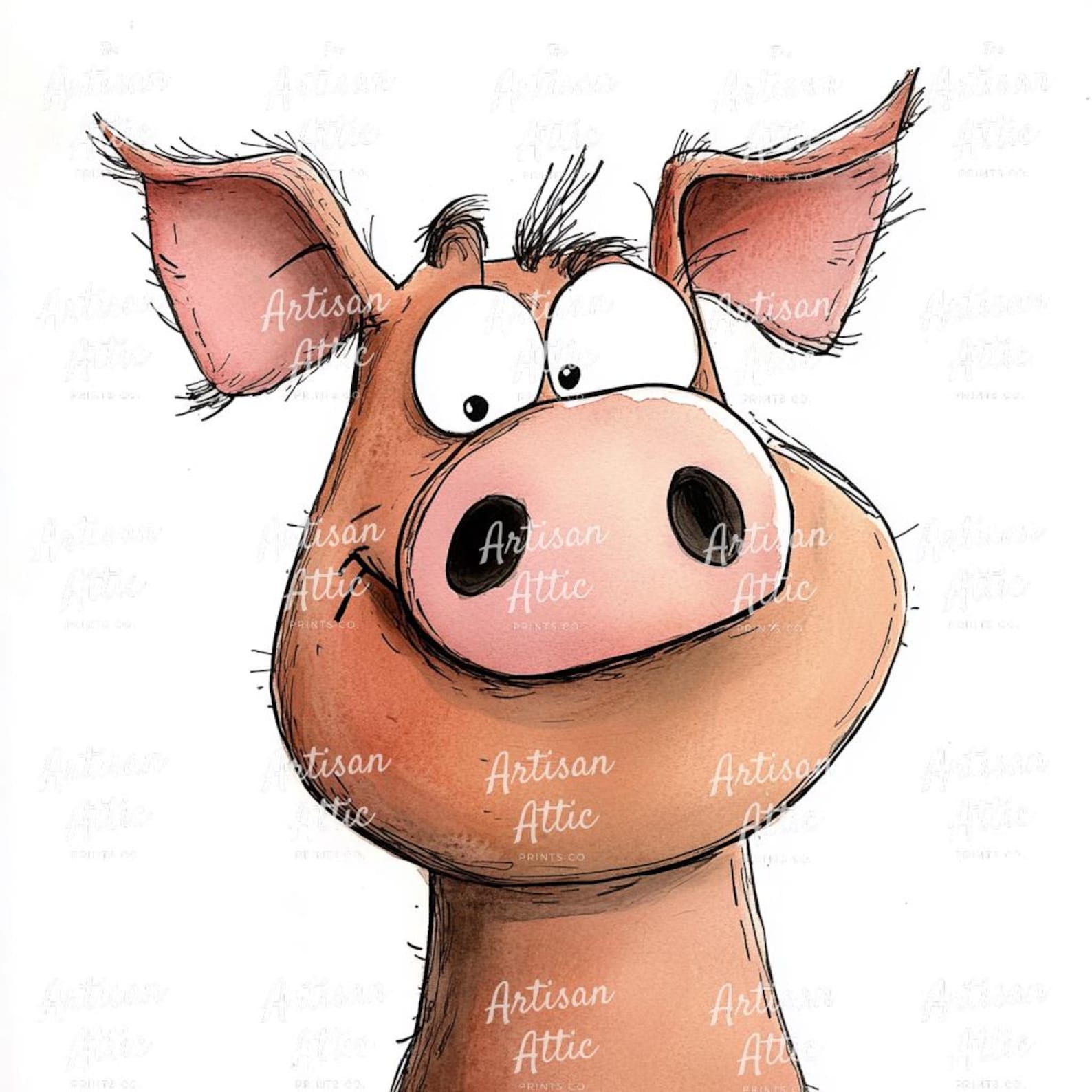 11 Quirky Watercolor Pig With Goofy Eyes and Floppy Ears, Pink Snout ...